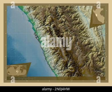 Ancash, region of Peru. Colored elevation map with lakes and rivers ...
