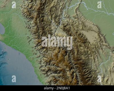 Cajamarca, region of Peru. Colored elevation map with lakes and rivers ...