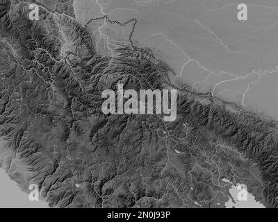 Cusco, region of Peru. Elevation map colored in sepia tones with lakes ...