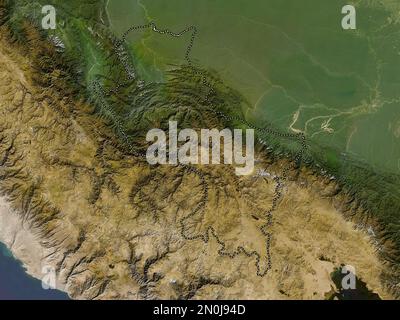 Cusco, region of Peru. Low resolution satellite map. Locations of major ...