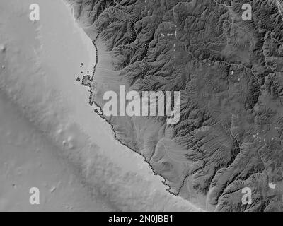 Ica, region of Peru. Grayscale elevation map with lakes and rivers ...
