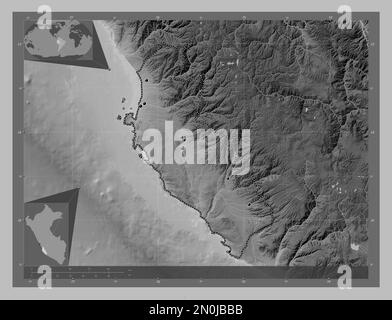 Ica, region of Peru. Grayscale elevation map with lakes and rivers ...