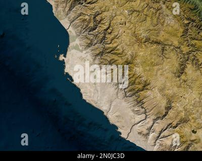 Ica, region of Peru. Low resolution satellite map. Locations and names ...