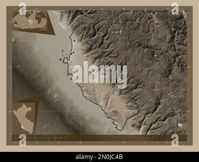 Ica, region of Peru. Colored elevation map with lakes and rivers Stock ...