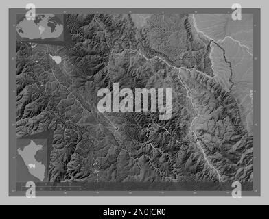 Junin, region of Peru. Grayscale elevation map with lakes and rivers ...