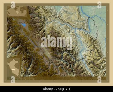 Junin, region of Peru. Colored elevation map with lakes and rivers ...
