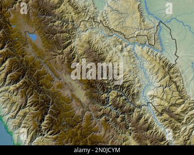 Junin, region of Peru. Colored elevation map with lakes and rivers ...