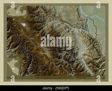 Junin, region of Peru. Colored elevation map with lakes and rivers ...
