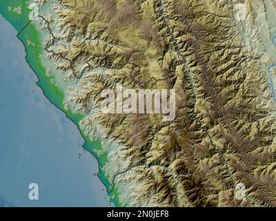La Libertad, region of Peru. Colored elevation map with lakes and ...