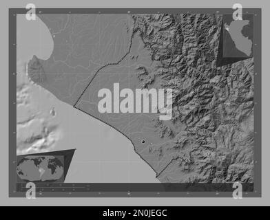 Lambayeque, region of Peru. Bilevel elevation map with lakes and rivers ...