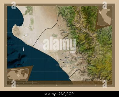Lambayeque, region of Peru. Low resolution satellite map. Locations of ...