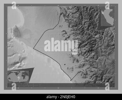 Lambayeque, region of Peru. Grayscale elevation map with lakes and ...