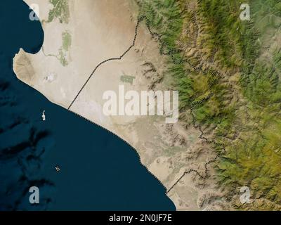 Lambayeque, region of Peru. Low resolution satellite map. Locations and ...