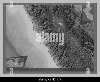 Lima, region of Peru. Grayscale elevation map with lakes and rivers ...