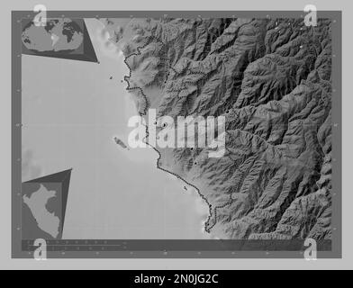 Lima Province, province of Peru. Grayscale elevation map with lakes and ...