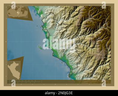 Lima, region of Peru. Colored elevation map with lakes and rivers ...