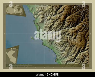 Lima, region of Peru. Colored elevation map with lakes and rivers ...