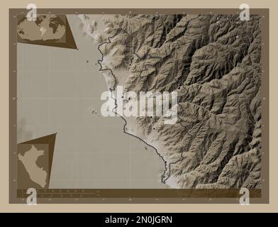 Lima, region of Peru. Colored elevation map with lakes and rivers ...