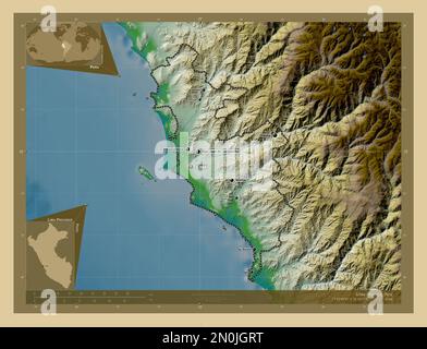 Lima, region of Peru. Elevation map colored in sepia tones with lakes ...