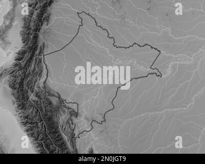 Loreto, region of Peru. Grayscale elevation map with lakes and rivers ...