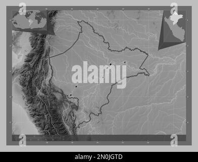 Loreto, region of Peru. Grayscale elevation map with lakes and rivers ...