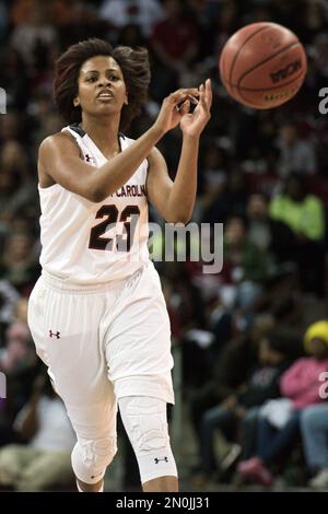 South Carolina guard Tina Roy passes to a teammate during the first half of an NCAA college ...