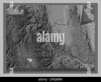 Pasco, region of Peru. Grayscale elevation map with lakes and rivers ...