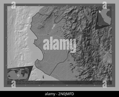 Piura, region of Peru. Bilevel elevation map with lakes and rivers ...