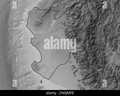 Piura, region of Peru. Grayscale elevation map with lakes and rivers ...