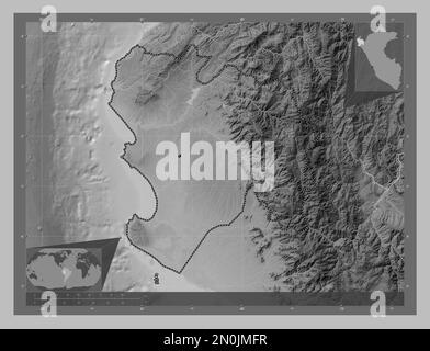 Piura, region of Peru. Grayscale elevation map with lakes and rivers ...
