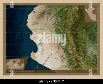Piura, region of Peru. Low resolution satellite map. Locations and ...