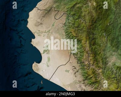 Piura, region of Peru. Low resolution satellite map. Locations and ...