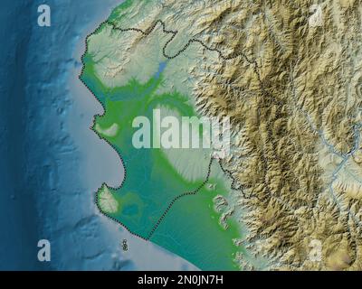 Piura, region of Peru. Colored elevation map with lakes and rivers ...