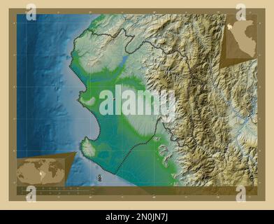 Piura, region of Peru. Colored elevation map with lakes and rivers ...