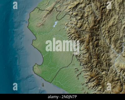 Piura, region of Peru. Elevation map colored in wiki style with lakes ...