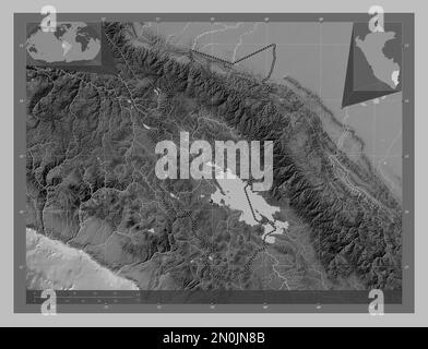 Puno, region of Peru. Grayscale elevation map with lakes and rivers ...