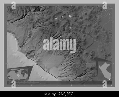 Tacna, region of Peru. Grayscale elevation map with lakes and rivers ...