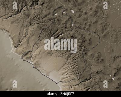 Tacna, region of Peru. Colored elevation map with lakes and rivers ...
