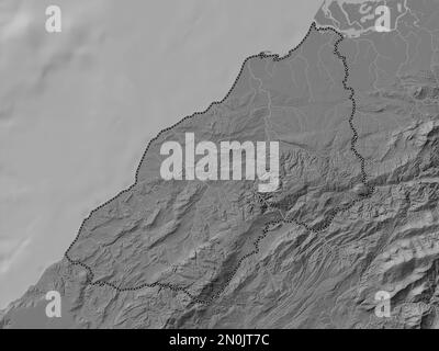 Tumbes, region of Peru. Elevation map colored in sepia tones with lakes ...