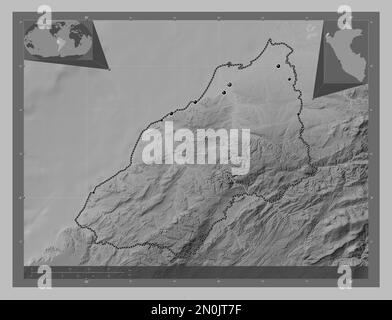 Tumbes, region of Peru. Grayscale elevation map with lakes and rivers ...