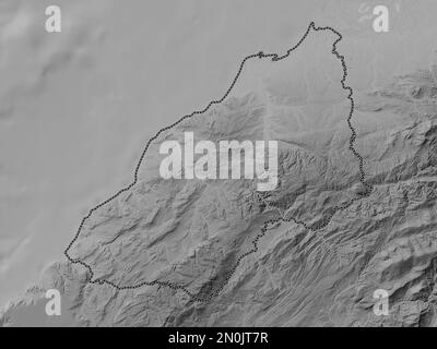 Tumbes, region of Peru. Grayscale elevation map with lakes and rivers ...