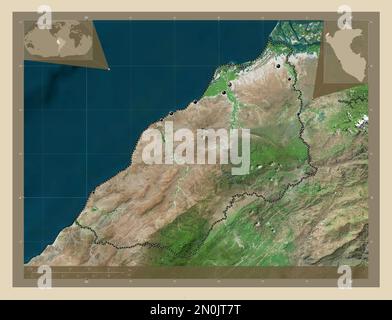 Tumbes, region of Peru. High resolution satellite map. Corner auxiliary ...