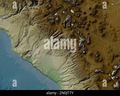 Tacna, region of Peru. Colored elevation map with lakes and rivers ...