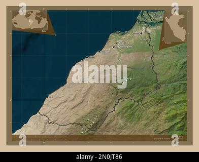 Tumbes, region of Peru. Low resolution satellite map. Corner auxiliary ...