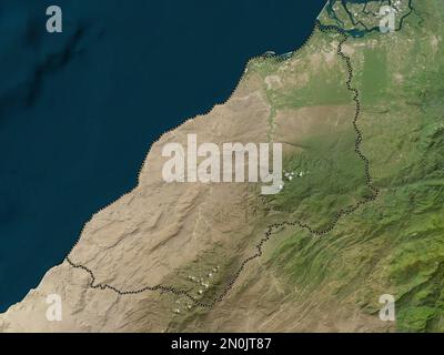 Tumbes, region of Peru. Low resolution satellite map. Locations and ...