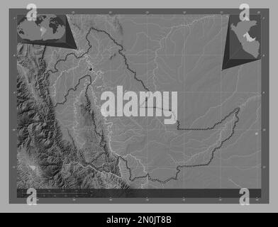 Ucayali, region of Peru. Bilevel elevation map with lakes and rivers ...