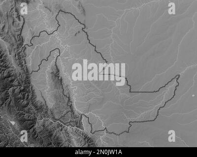 Ucayali, region of Peru. Grayscale elevation map with lakes and rivers ...