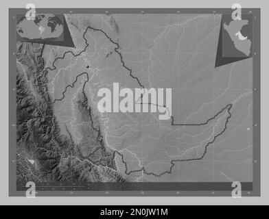 Ucayali, region of Peru. Grayscale elevation map with lakes and rivers ...