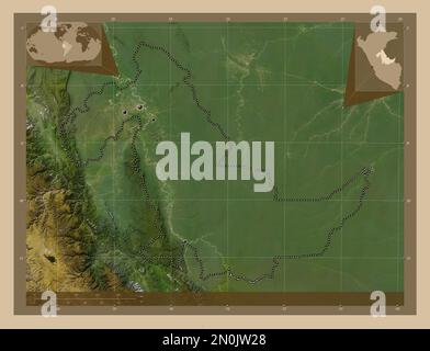 Ucayali, region of Peru. Low resolution satellite map. Locations and ...