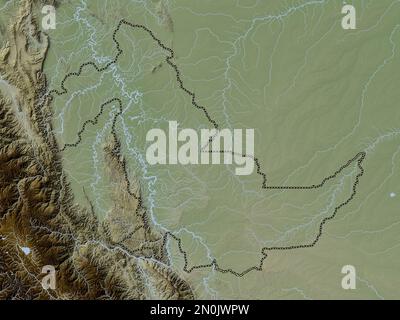 Ucayali, region of Peru. Colored elevation map with lakes and rivers ...